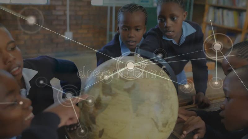 Animation of Network of Connections and Globe Over Diverse School ...