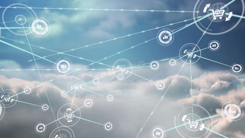 Animation of Network of Connections with Icons on Cloudy Sky in ...