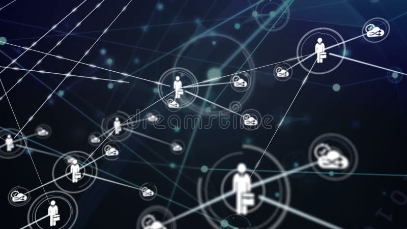 Animation of Network of Connections with Icons on Dark Background Stock ...
