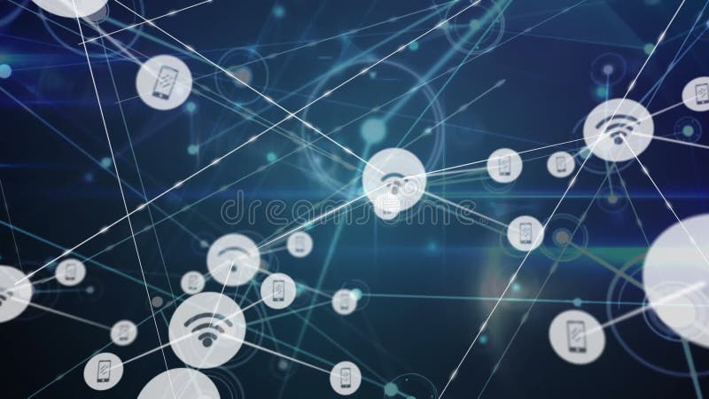 Animation of Network of Connections with Icons on Dark Background Stock ...