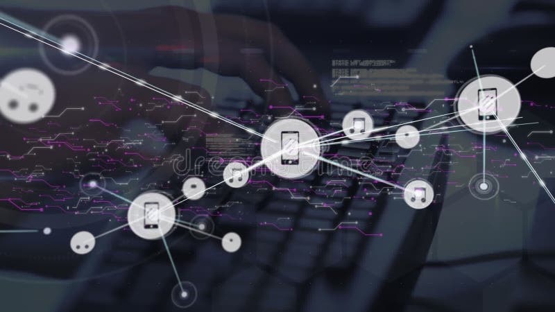 Animation Of Network Of Connections With Icons And Data Processing Over Hands Typing On Keyboard