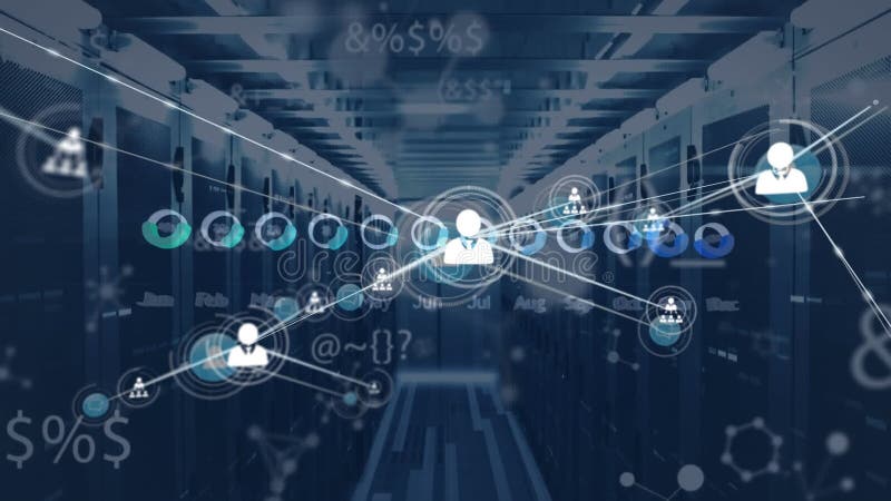 Animation Of Network Of Connections With Icons And Data Processing Over Server Room Stock