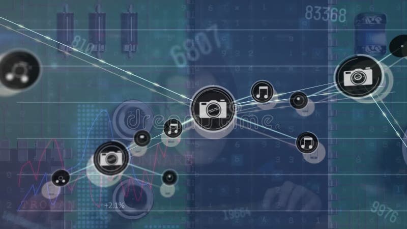Animation Of Network Of Connections With Icons And Data Processing Over Server Room And Hacker