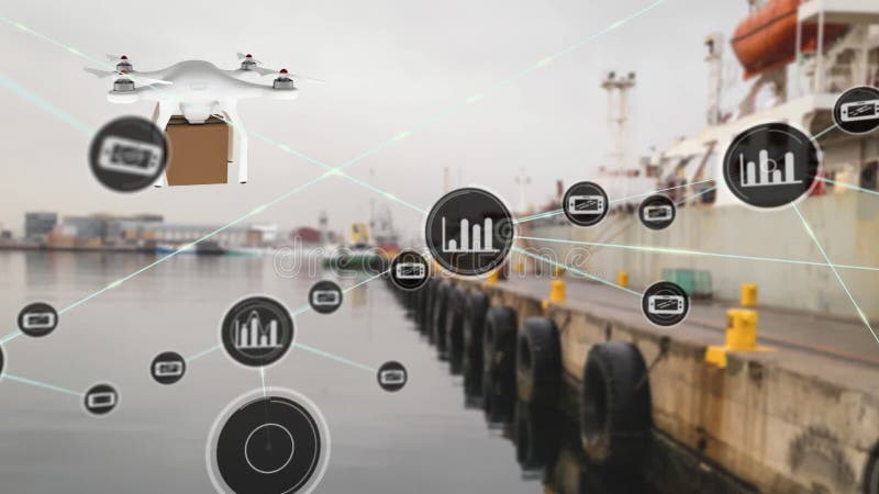 Animation of Network of Connections with Icons and Digital Drone Over ...
