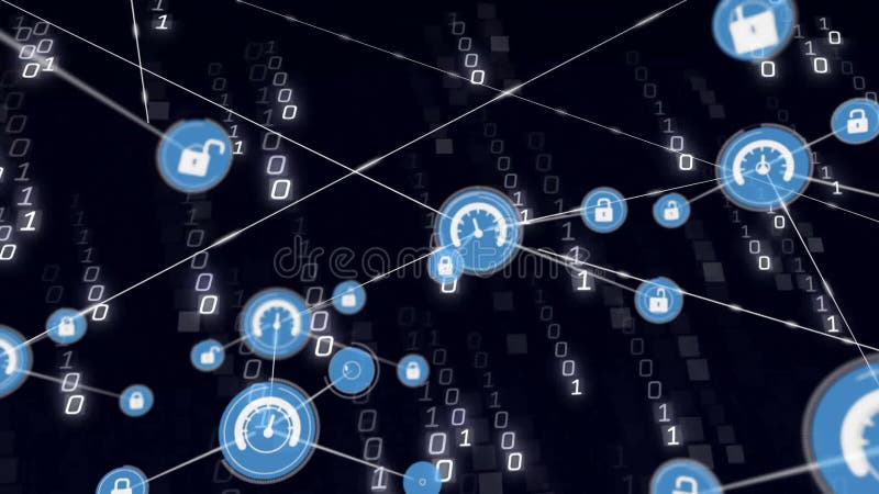Animation Of Network Of Connections With Icons Over Binary Coding Data Processing Stock Video