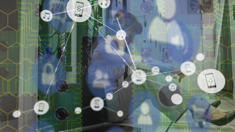 Animation of Network of Connections with Icons Over Caucasian Female it ...