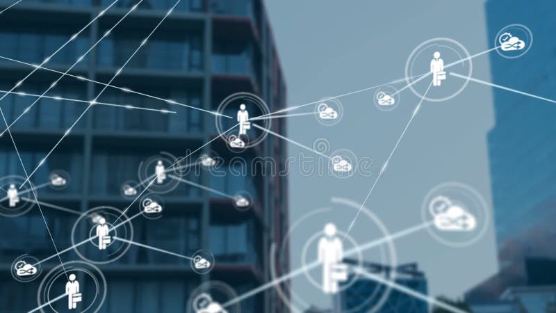 Animation of Network of Connections with Icons Over Cityscape Stock ...