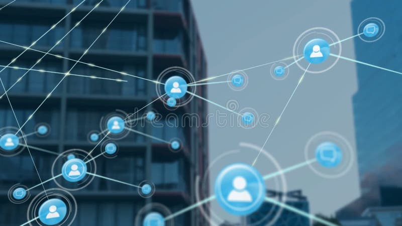 Animation of Network of Connections with Icons Over Cityscape Stock ...