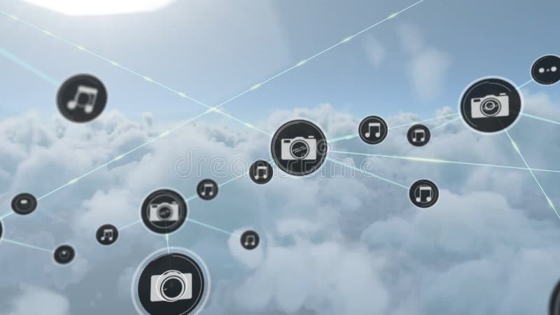 Animation of Network of Connections with Icons Over Clouds Stock ...