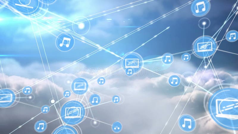 Animation of Network of Connections with Icons Over Clouds Stock Video ...