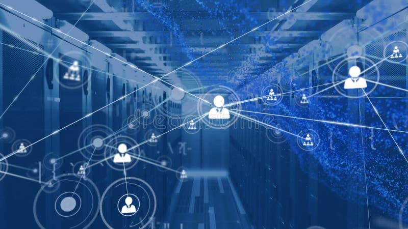 Animation of Network of Connections with Icons Over Computer Servers ...