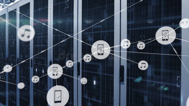 Animation of Network of Connections with Icons Over Computer Servers ...
