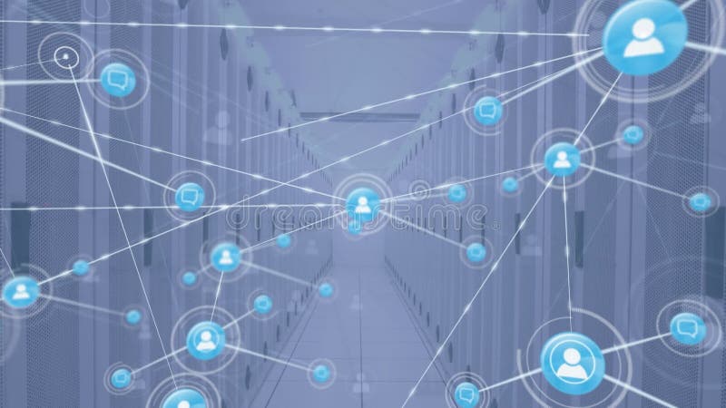 Animation of Network of Connections with Icons Over Computer Servers ...