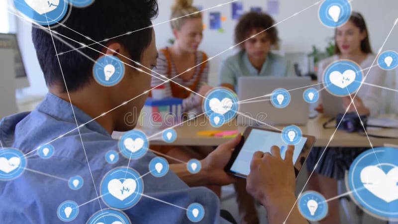 Animation of Network of Connections with Icons Over Diverse Business ...