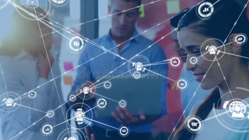 Animation of Network of Connections with Icons Over Diverse Business ...