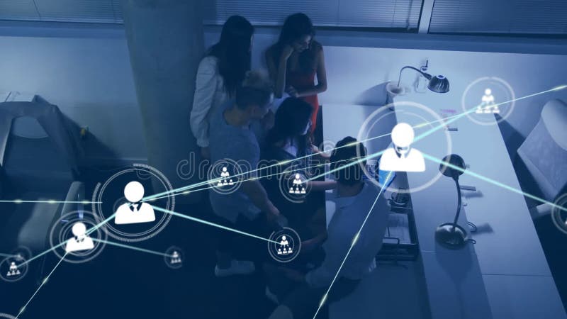 Animation of Network of Connections with Icons Over Diverse Business ...