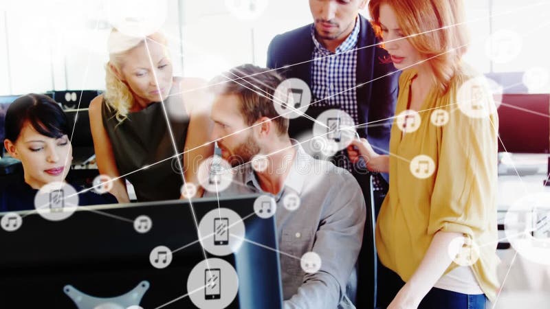 Animation of Network of Connections with Icons Over Diverse Business ...