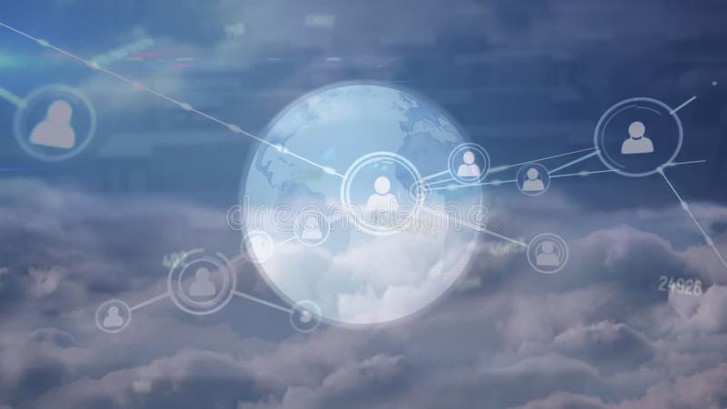 Animation of Network of Connections with Icons Over Globe and Cloudy ...