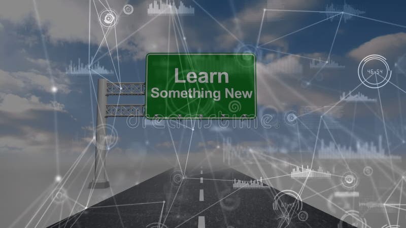 Animation of Network of Connections with Icons Over Green Road Sign ...