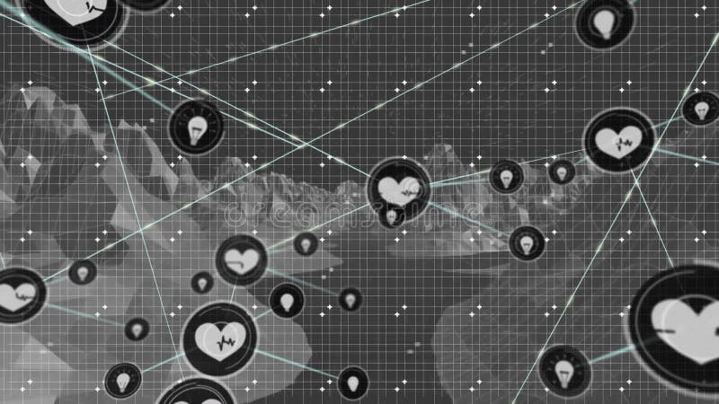 Animation of Network of Connections with Icons Over Grid on Black ...