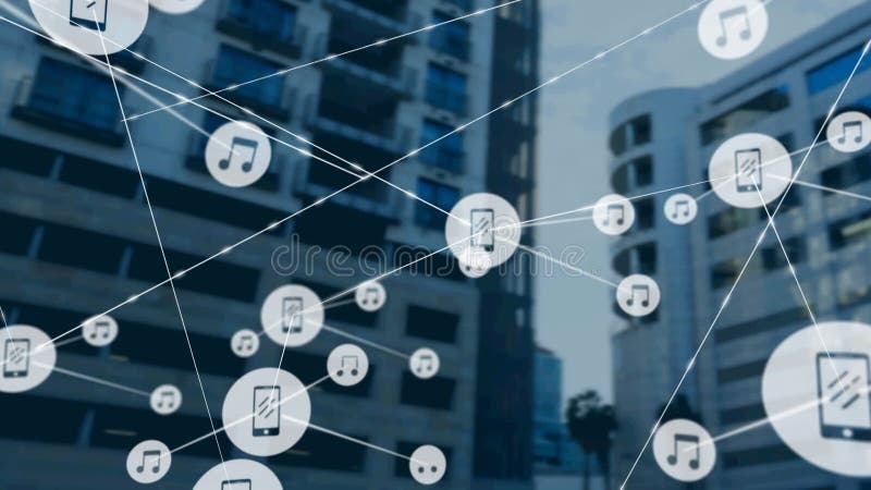 Animation of Network of Connections with Icons Over Modern Office ...