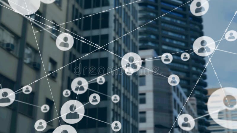 Animation of Network of Connections with Icons Over Modern Office ...