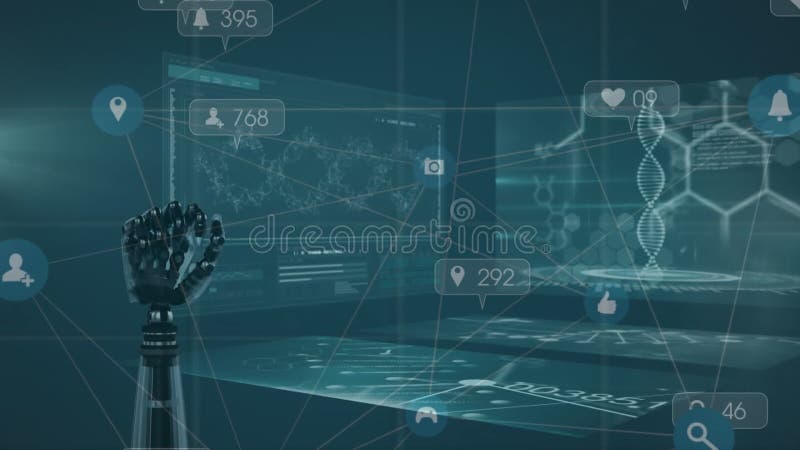 Animation of Network of Connections with Icons Over Robotic Hand and ...