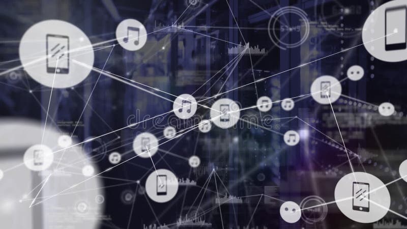 Animation Of Network Of Connections With Icons Over Server Room And Data Processing Stock Video