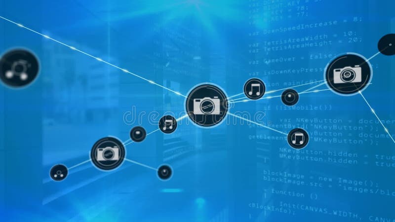Animation of Network of Connections with Icons Over Server Room Stock ...