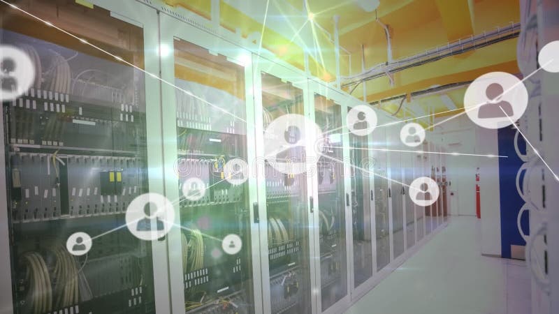Animation of Network of Connections with Icons Over Server Room Stock ...