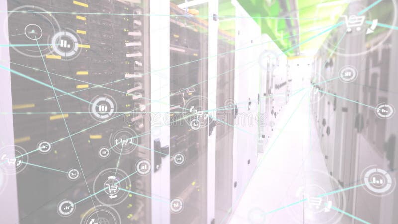 Animation of Network of Connections with Icons Over Server Room Stock ...