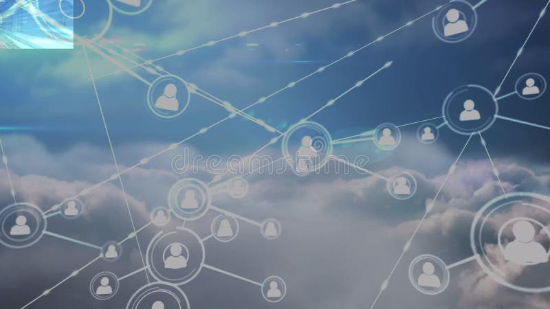 Animation of Network of Connections with Icons Over Sky with Clouds ...