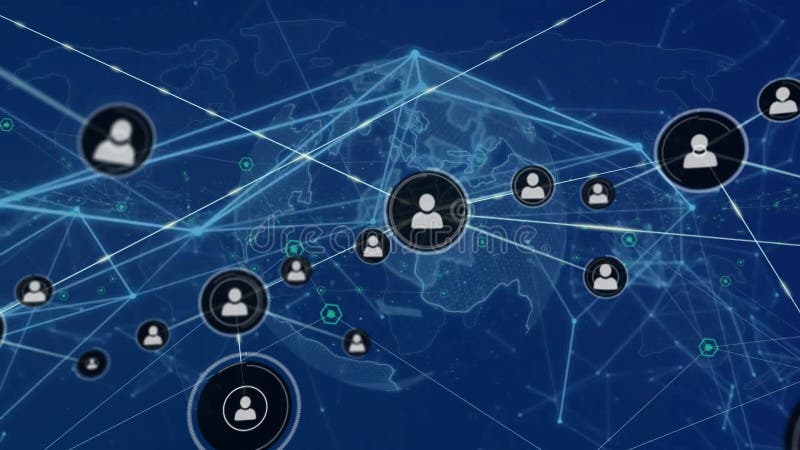 Animation of Network of Connections with Icons Over World Map and Globe ...