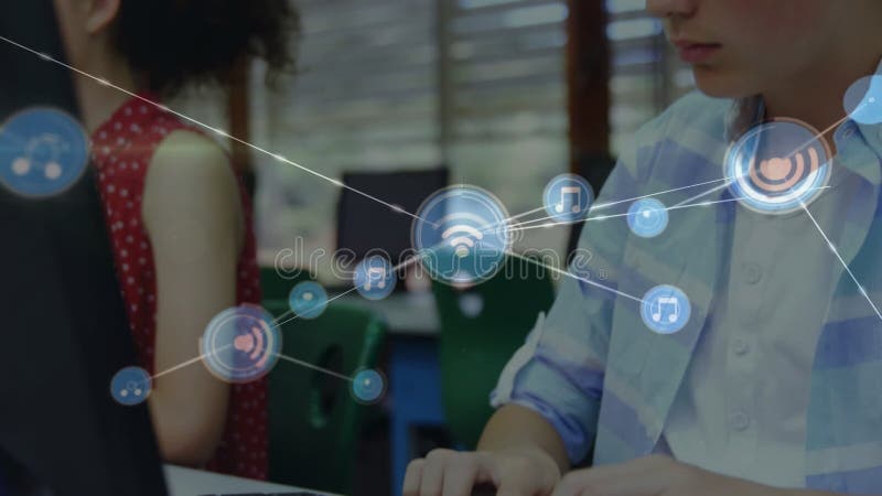 Animation of Network of Connections Over Caucasian Boy Using Computer ...