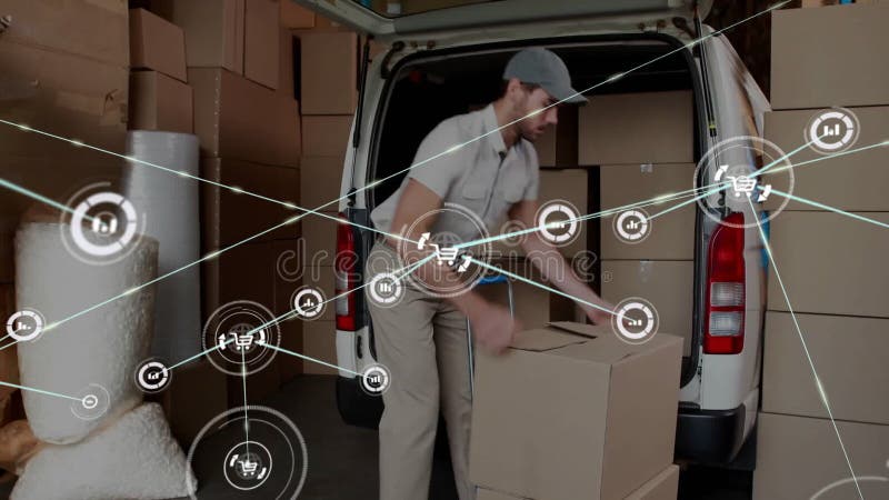 Animation of Network of Connections Over Caucasian Delivery Man Loading ...