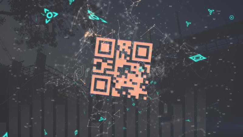 Animation Of Network Of Connections Over Qr Code Scanner On Statistical Data Processing Stock