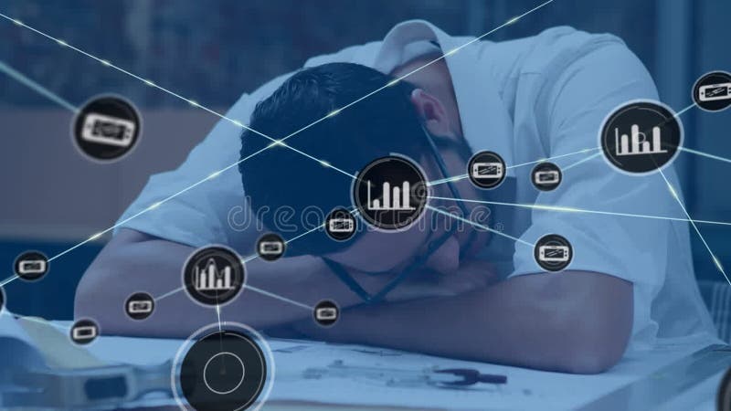 Animation of Network of Connections Over Sleeping Biracial Architect in ...