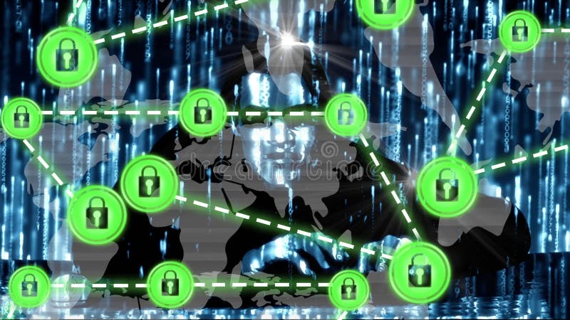 Coding Hacker And Laptop For Download Data For Illegal Transfer Binary Code And Programming