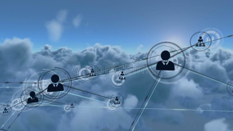 Animation of Network of Connections with People Icons on Clouds on Blue ...