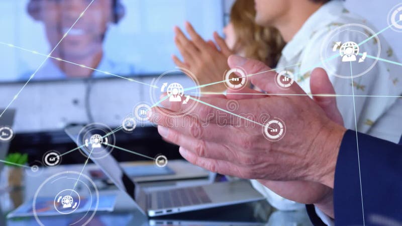 Animation of Network of Digital Icons Against Mid Section of Colleagues ...