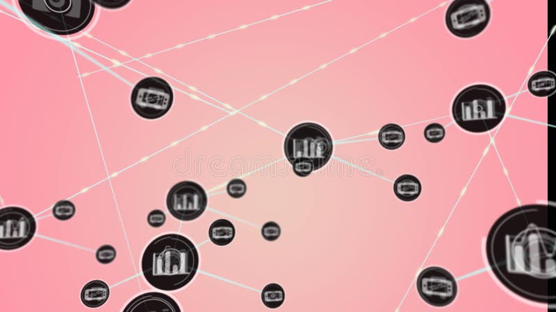 Animation of Network of Digital Icons Against Pink Gradient Background ...