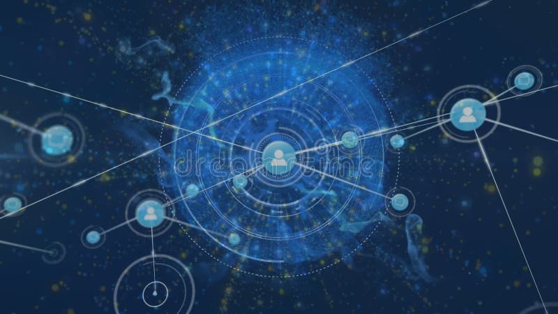 Animation of Network of Digital Icons and Blue Digital Wave Over Round ...