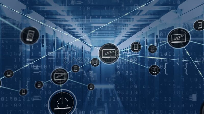 Animation of Network of Digital Icons, Changing Symbols and Binary Coding Against Server Room ...