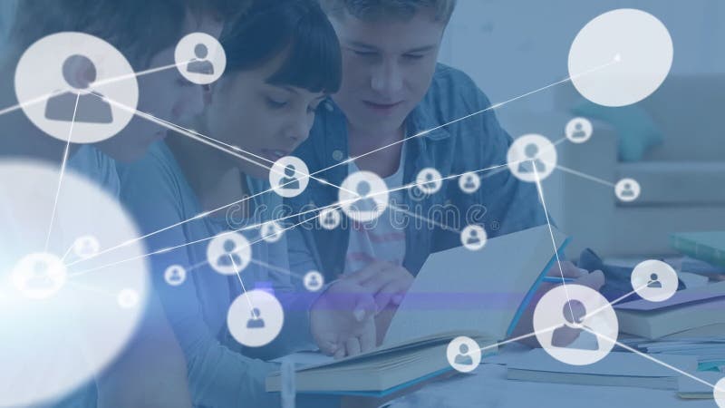 Animation of Network of Digital Icons and Light Spot Over Group of Diverse Students Studying ...