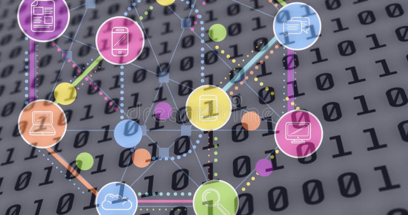 Animation Of Network Of Digital Icons Over Binary Coding On Grey