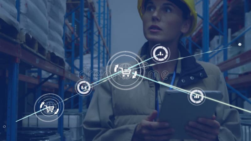 Animation of Network of Digital Icons Over Caucasian Female Supervisor ...