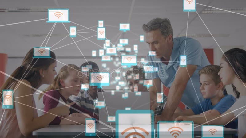 Animation of Network of Digital Icons Over Caucasian Male Teacher and ...