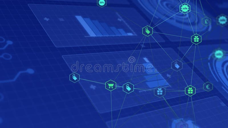 Animation of Network of Digital Icons Over Interface with Data Processing Against Blue ...