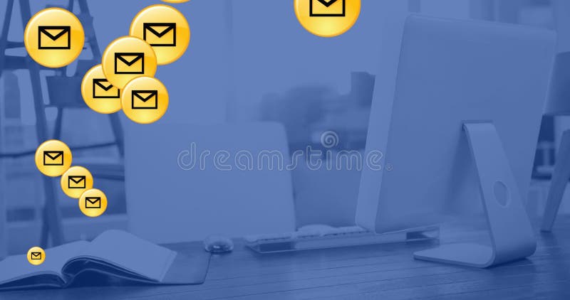 Animation of Network of Email Icons Over Computer in Office Stock ...