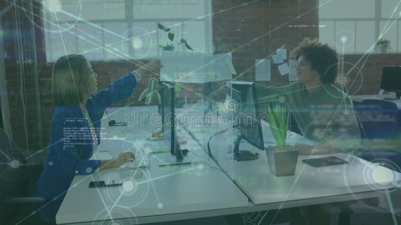 Animation of Network Exchanging Data Over Diverse Man and Woman Passing ...